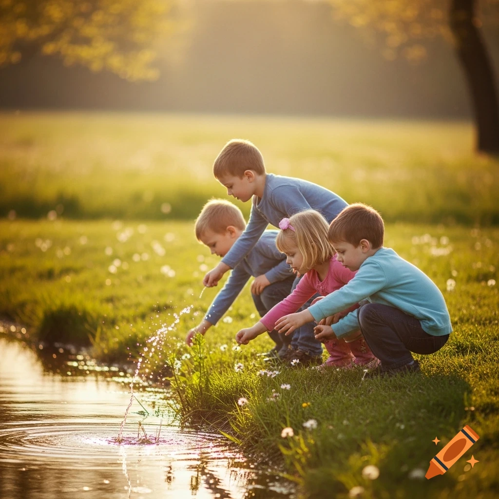 Four children crouch by a pond, reaching into the water and grass ...