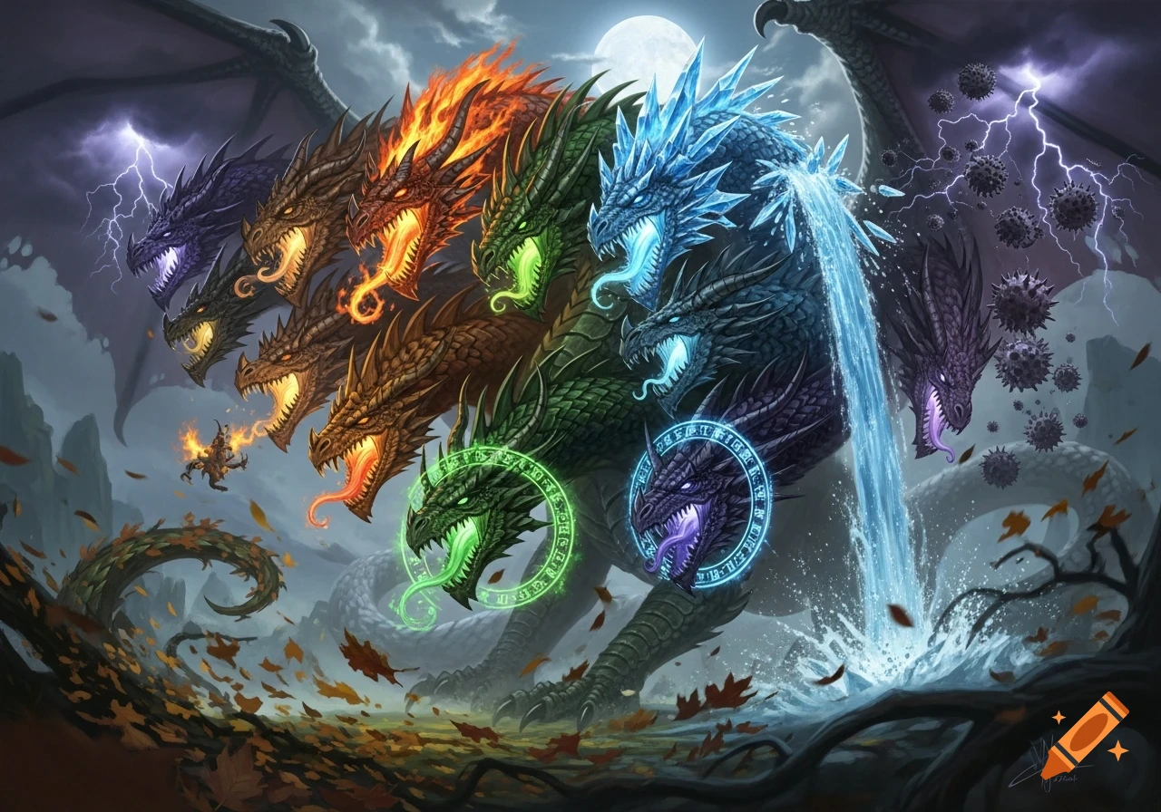A multi-headed elemental dragon, with heads breathing fire, ice ...