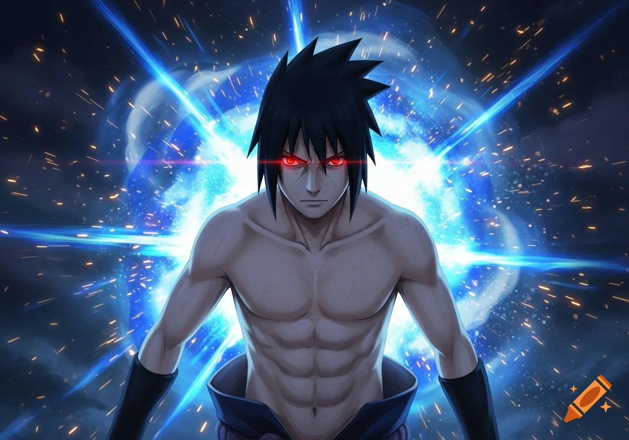 Shirtless anime character Sasuke Uchiha with glowing red Sharingan eyes ...