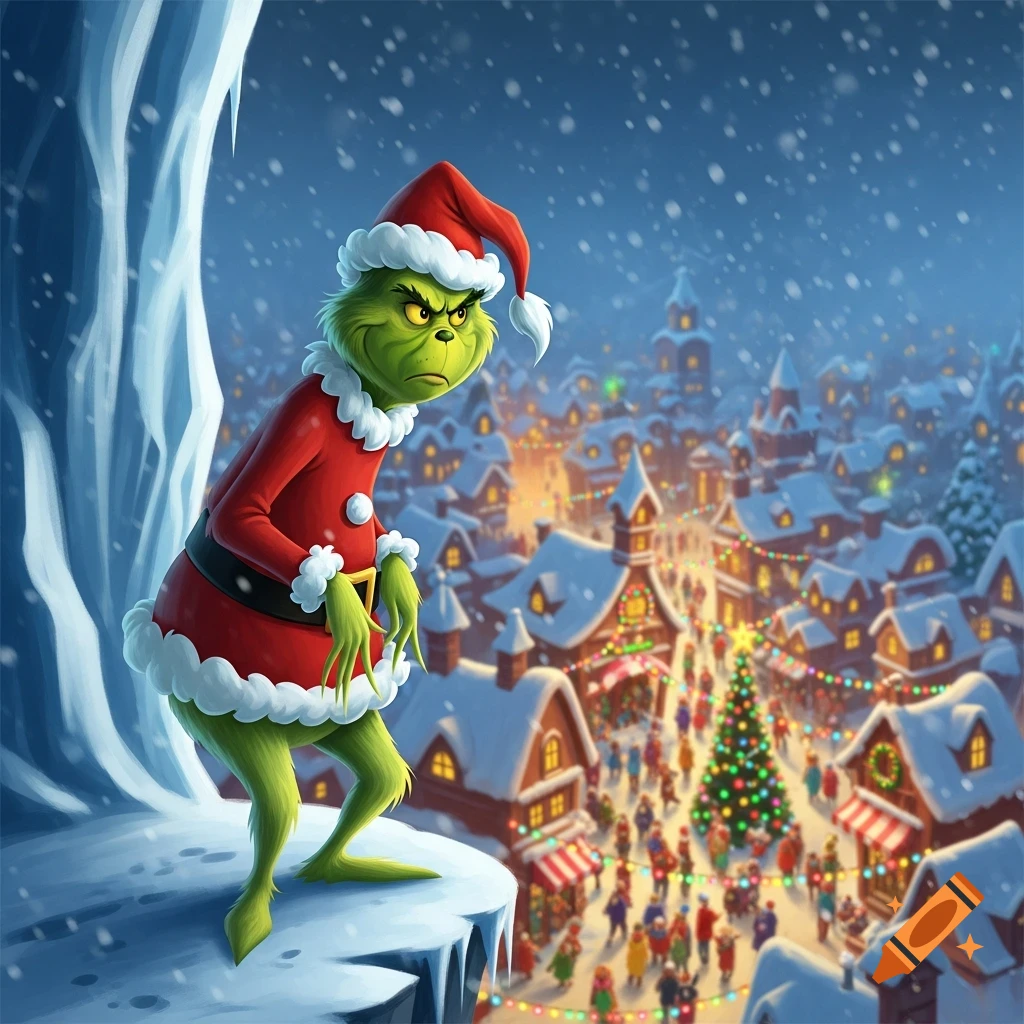 A grumpy Grinch in a Santa suit stands on an icy cliff, overlooking a ...