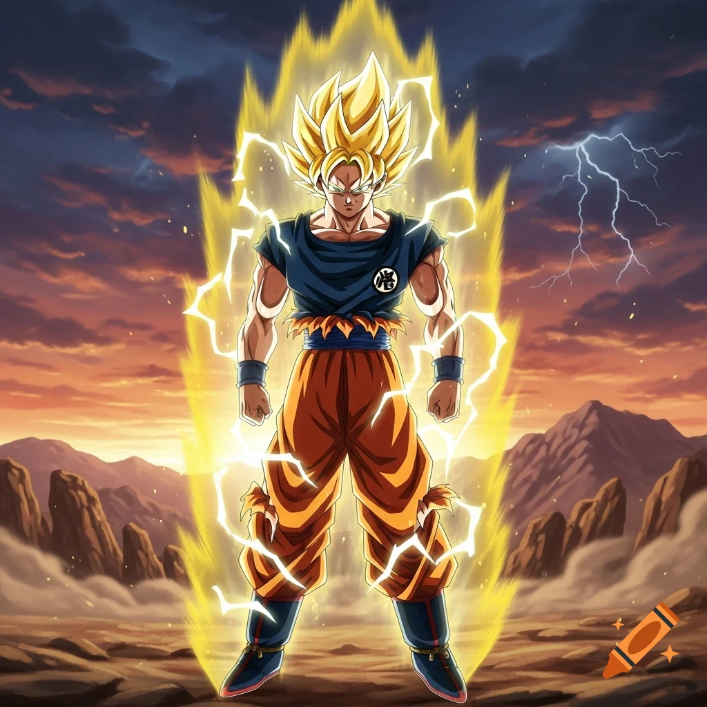 Goku in Super Saiyan form, surrounded by yellow energy and lightning ...