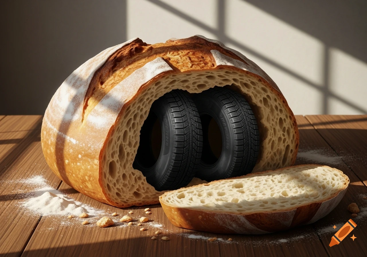 A sliced loaf of rustic bread on a wooden table contains two car tires ...