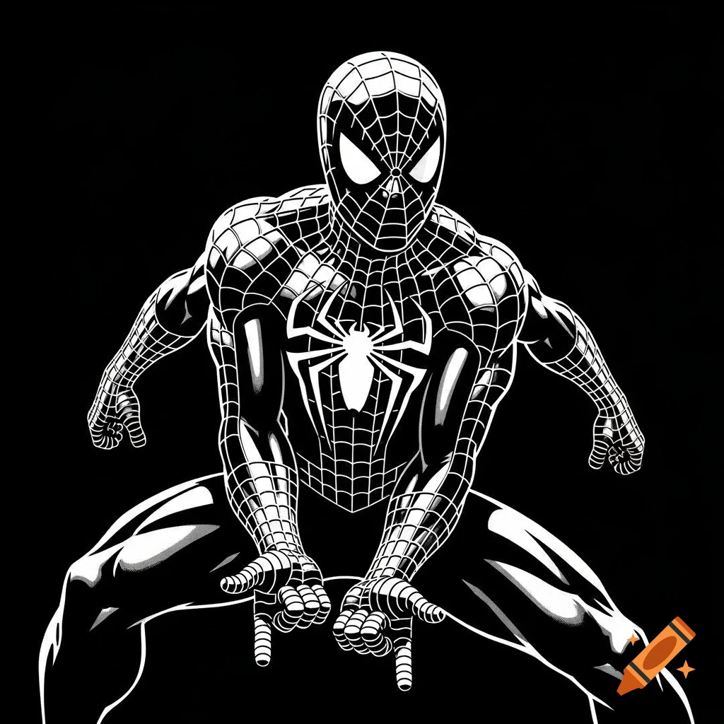 A white on black stencil illustration of Spider-Man crouching, hands ...