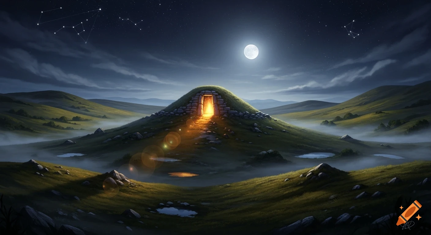 A mystical night landscape with a glowing burial mound under a full moon and stars, surrounded ...