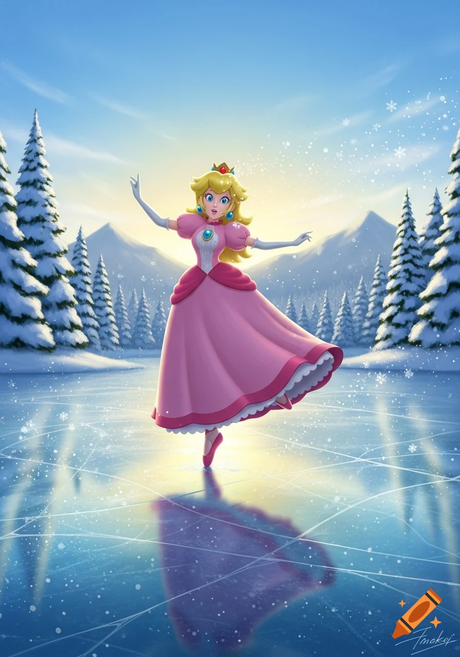 Princess Peach gracefully ice skates on a frozen lake in a snowy ...
