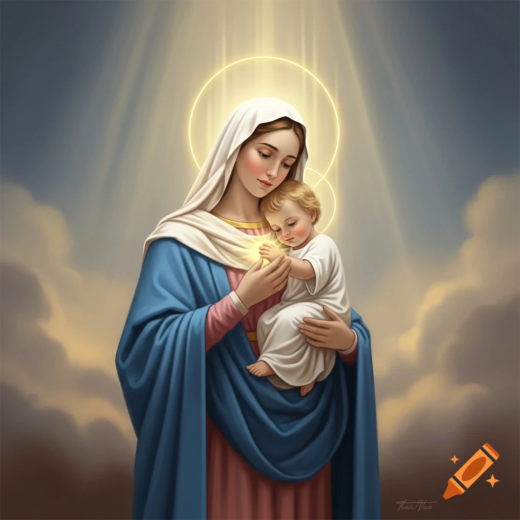 A serene painting of the Virgin Mary in blue and white robes holding ...