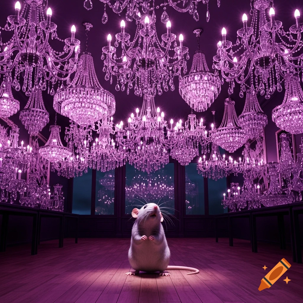 A hyper-realistic rat stands on a wooden floor, looking up at numerous ...