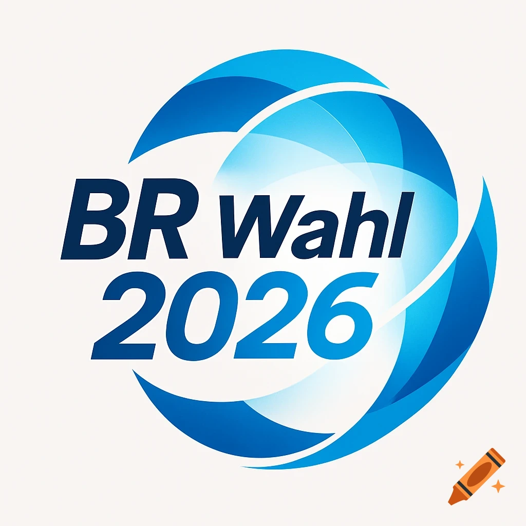 A blue and white logo with abstract circular shapes and the text "BR Wahl 2026" in a bold sans ...