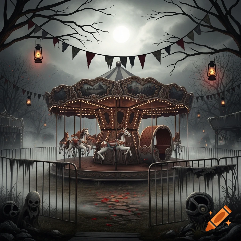 A dark, foggy, gothic horror-themed carousel at night, with skeletal ...