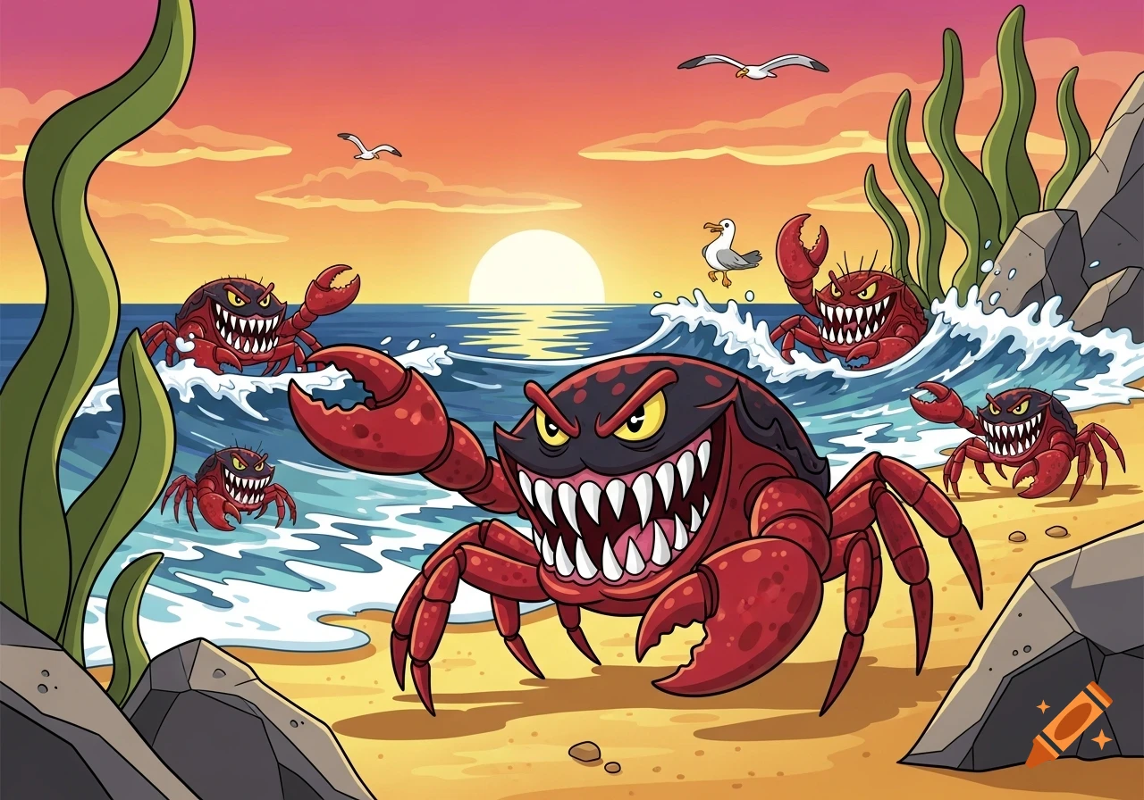Cartoon of angry red crabs with sharp teeth on a sandy beach at sunset ...