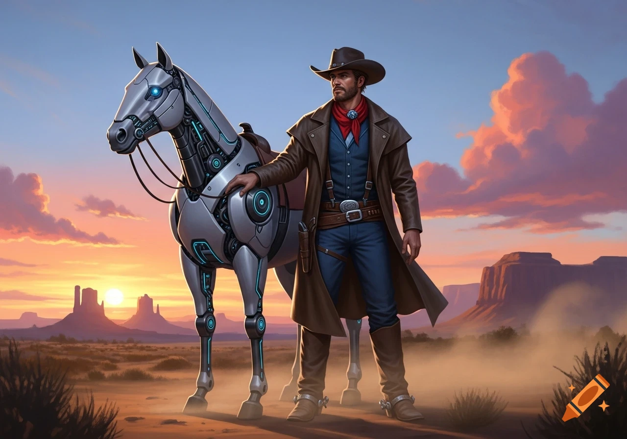 A futuristic cowboy stands next to a metallic robotic horse in a vast ...