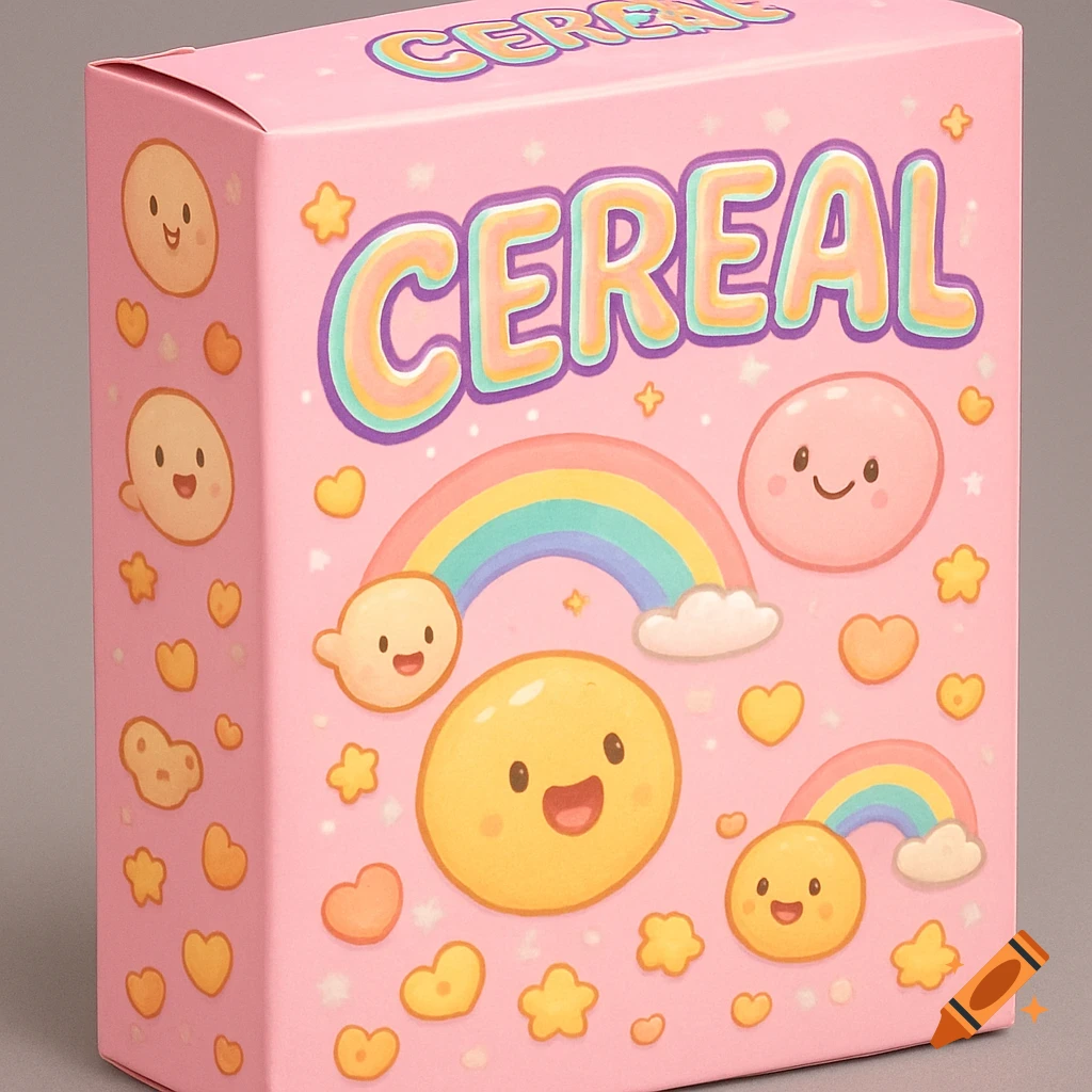 A cute pink cereal box with the word "CEREAL" in colorful letters ...