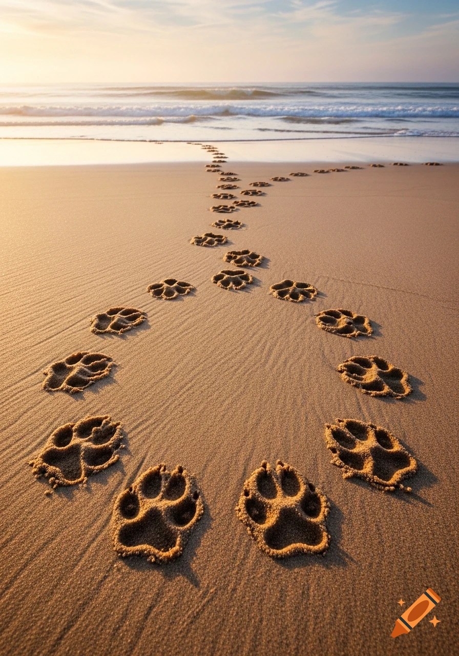 Photorealistic dog paw prints in sandy beach at sunset, leading towards ...
