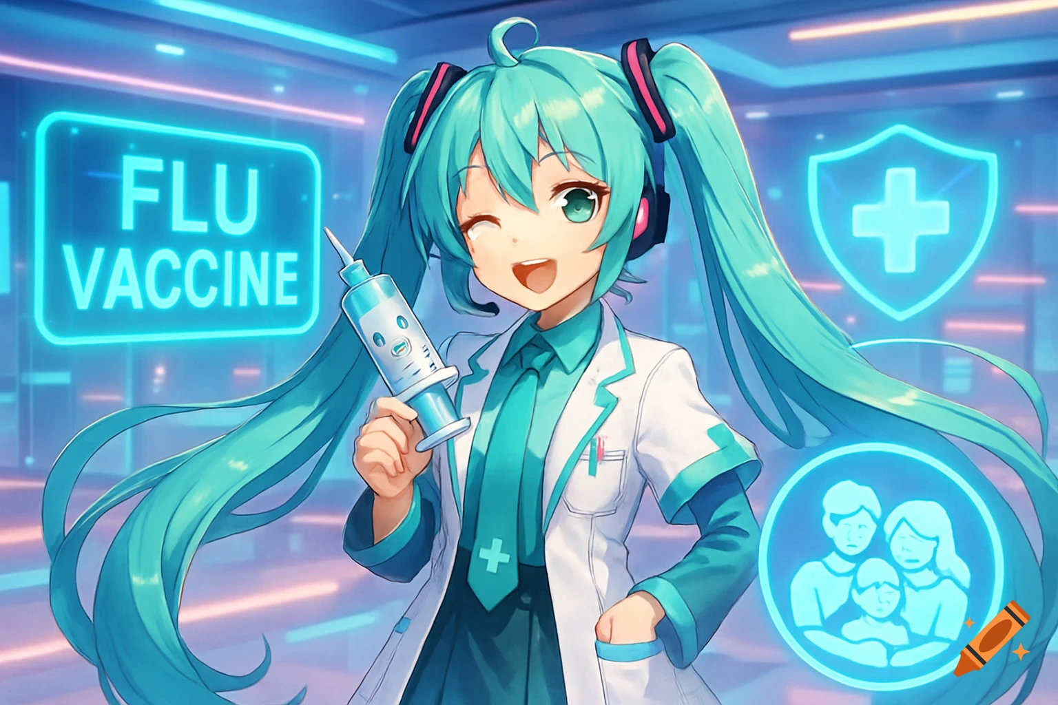 A winking anime girl in a doctor's coat, Hatsune Miku, holds a syringe ...