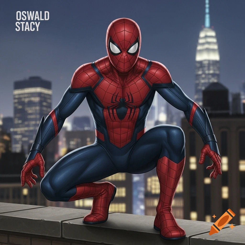 A stylized image of a red and navy blue superhero in a modern suit ...