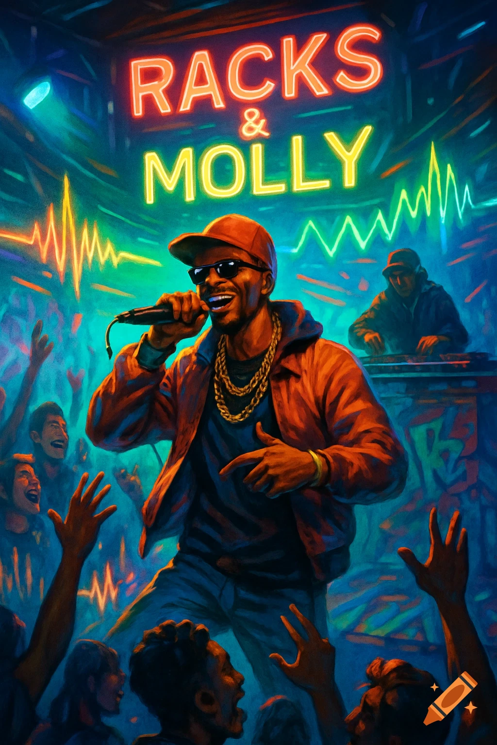 A vibrant illustration of a rapper performing on stage under neon ...