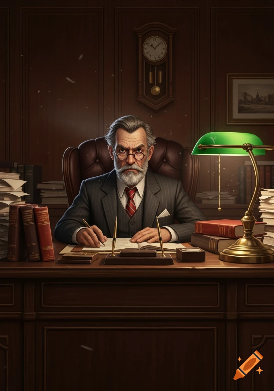 A grumpy, bearded old lawyer with spectacles sits at a wooden desk in a ...