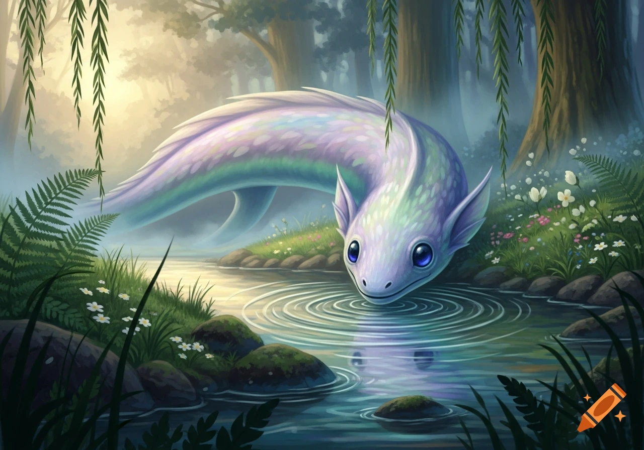 A pastel-colored, eel-like fantasy creature with big blue eyes sips ...