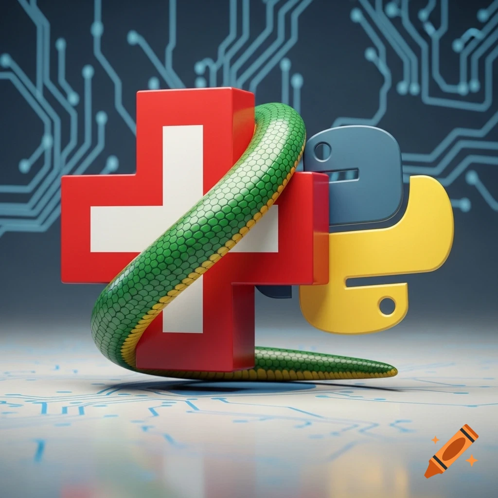 A 3D render of a red first aid cross intertwined with a green snake and ...