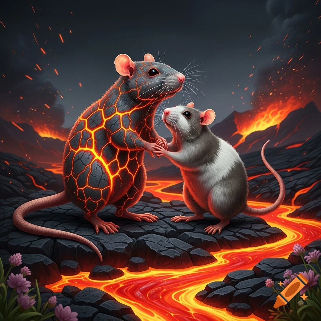 A lava-patterned rat holds hands with a gray and white rat in a vibrant ...