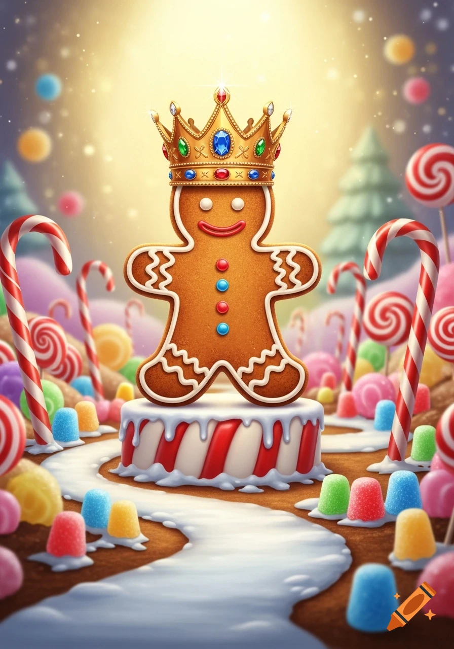 A whimsical gingerbread man wearing a jeweled crown stands on a cake ...