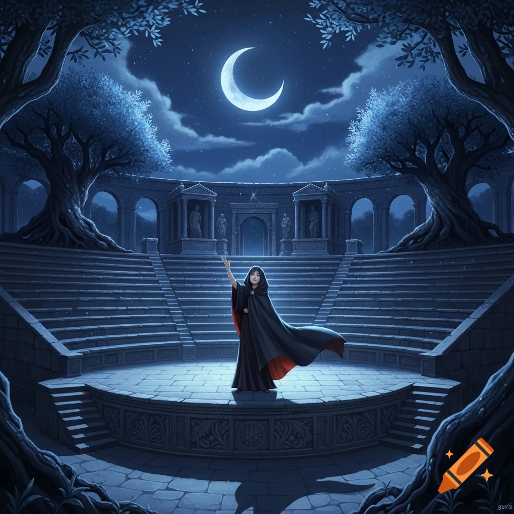 A person in a black cloak stands on a stage in a moonlit stone ...