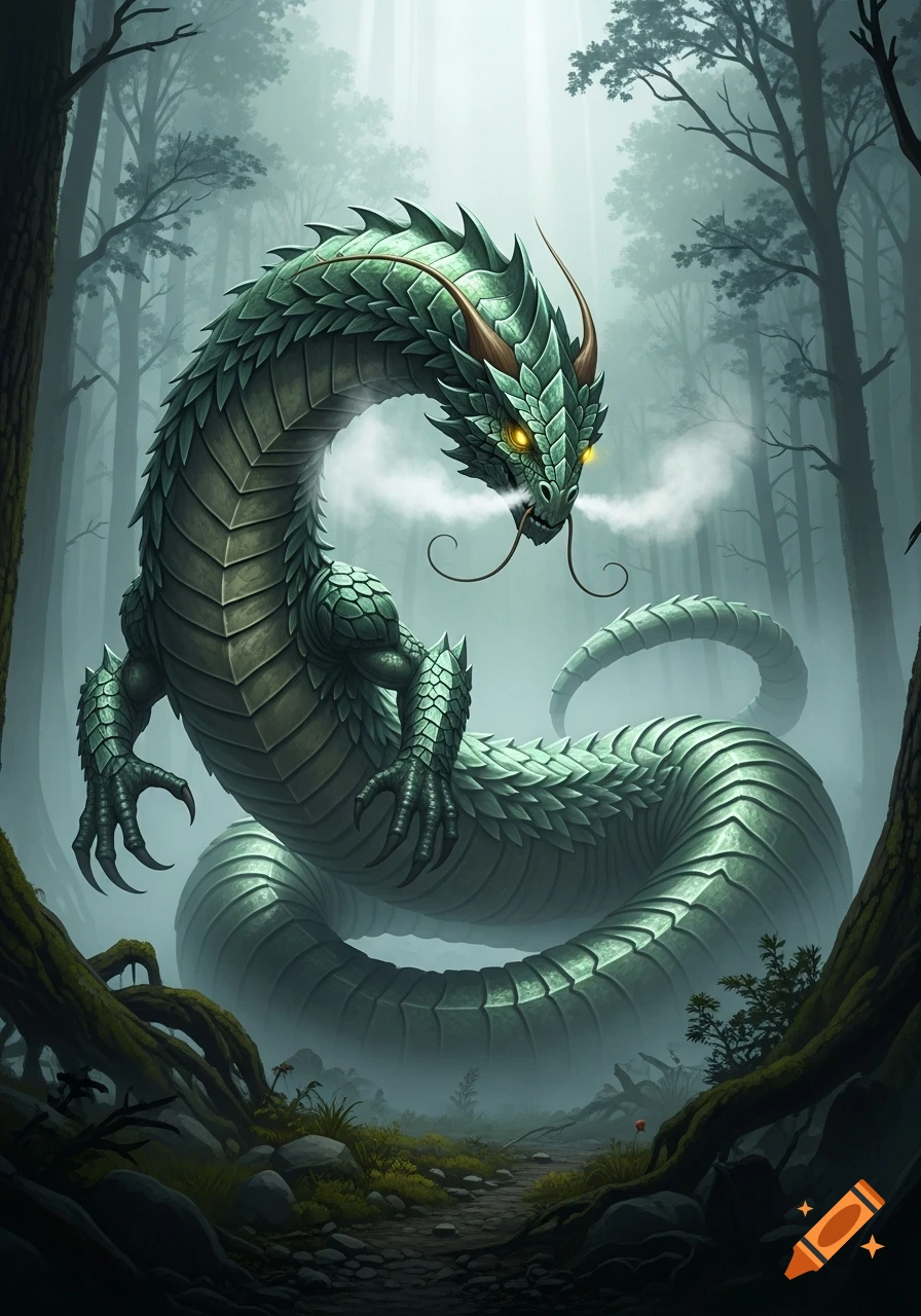 A highly detailed, fantasy realism image of a massive emerald-scaled ...