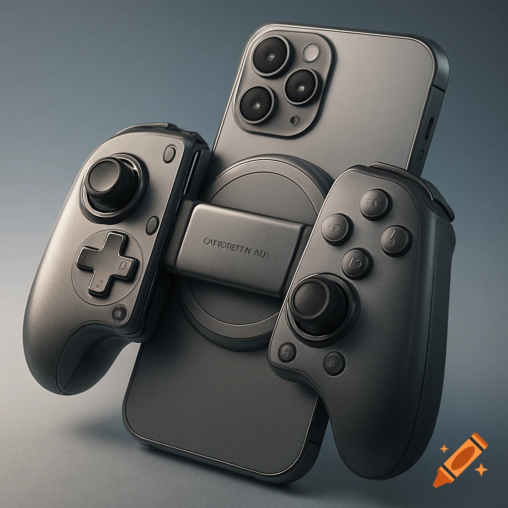A close-up, photorealistic view of a gray smartphone with a detachable ...