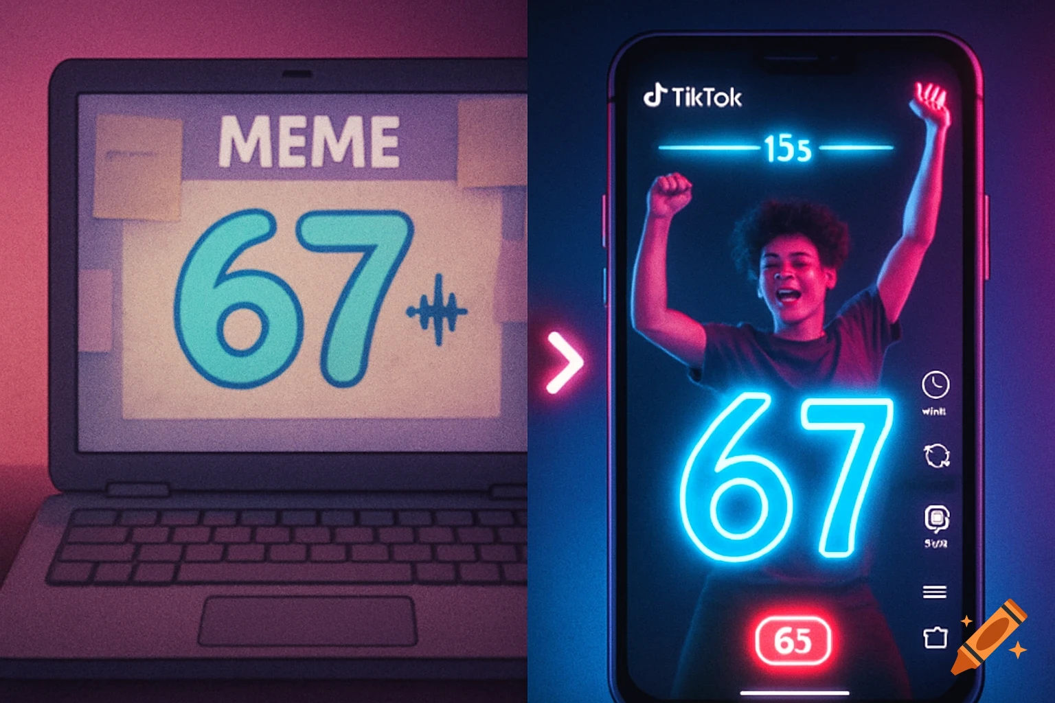 A split-screen image showing a laptop with a meme on the left and a ...