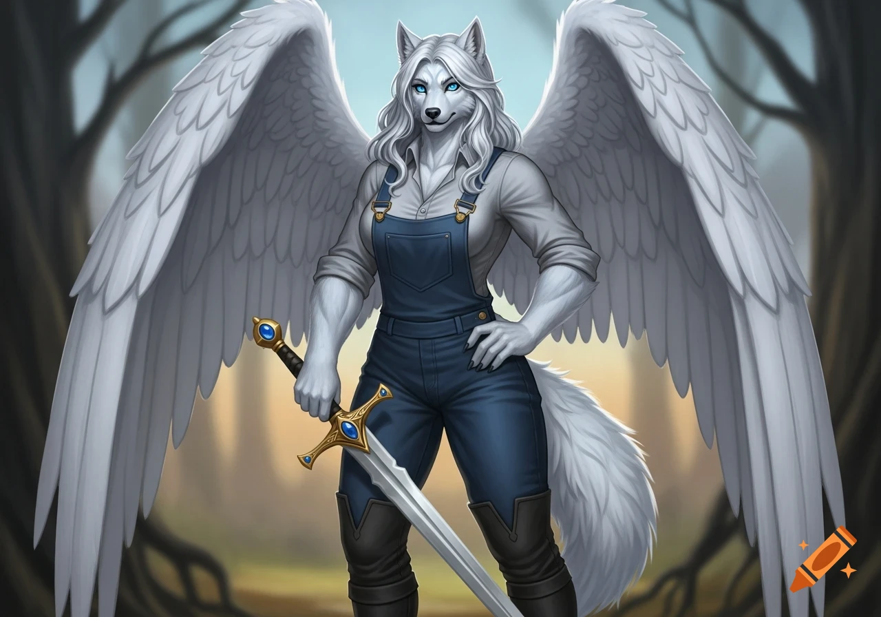 A white-furred she-wolf with large white wings and blue eyes stands in ...