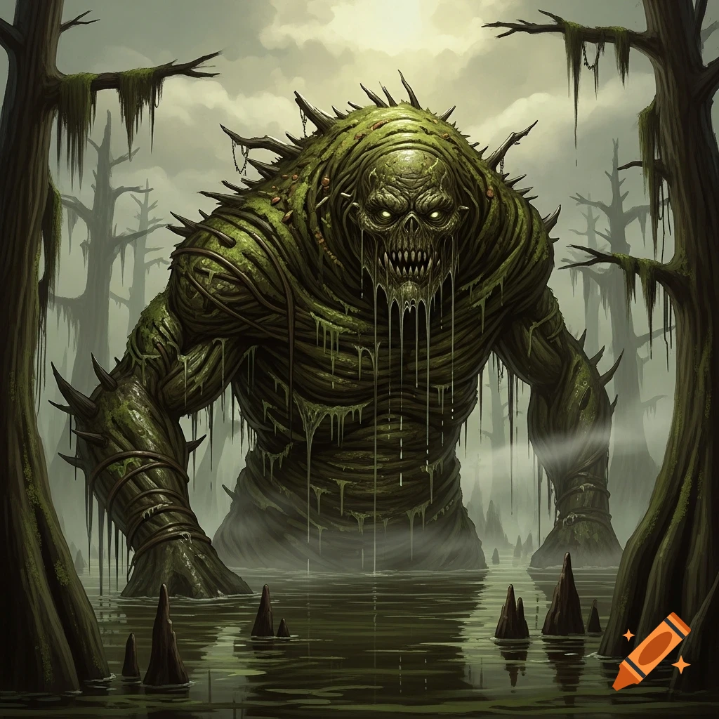 A menacing, large swamp monster covered in moss, twigs, and mud stands ...