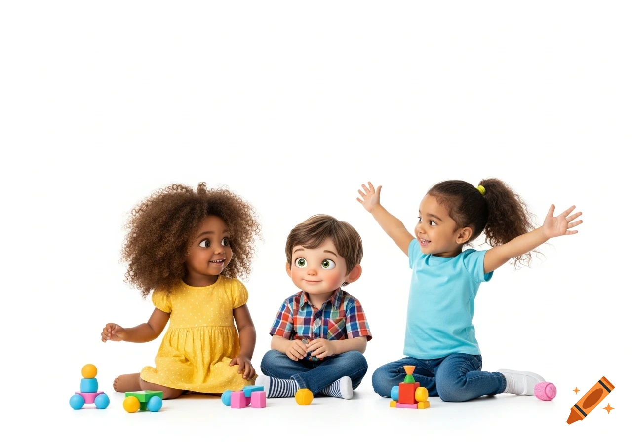Three diverse animated children sit on a white background, happily ...