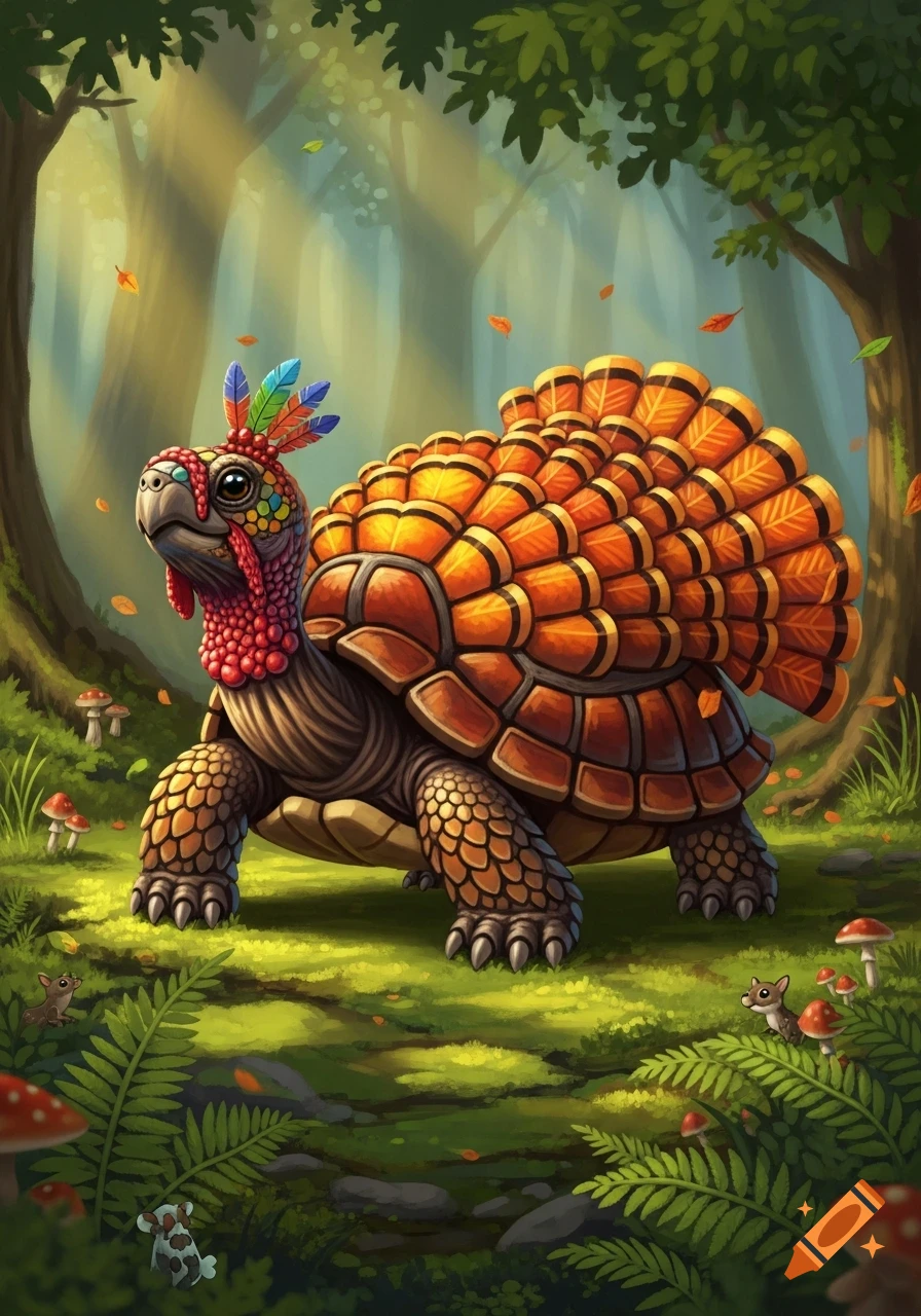 A whimsical turkey-shaped turtle with colorful feathers and wattle ...