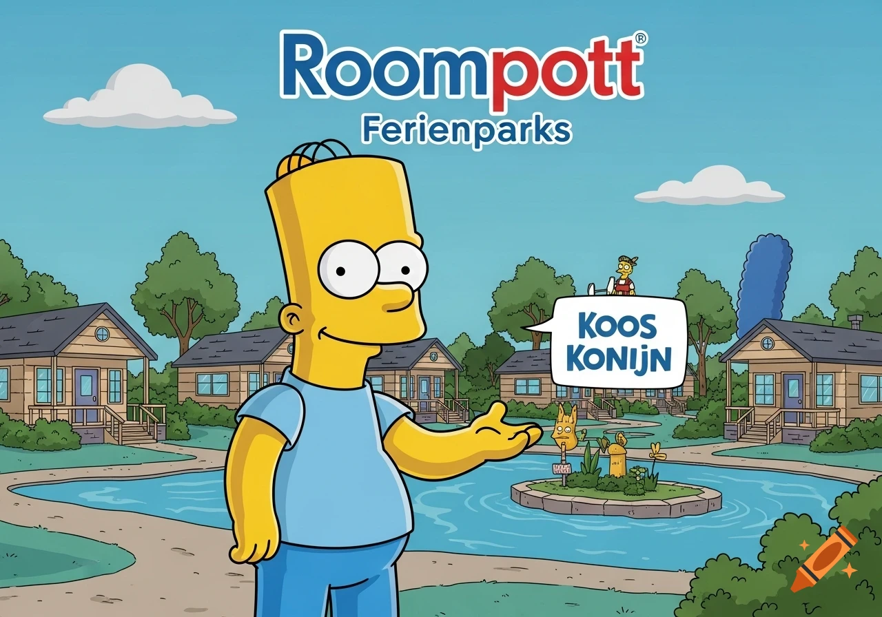 Bart Simpson in a cartoon holiday park setting, with the "Roompott ...