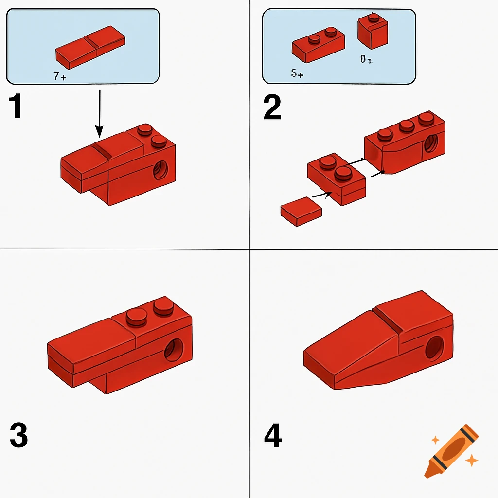 A four-panel LEGO instruction sheet demonstrating how to build two red ...