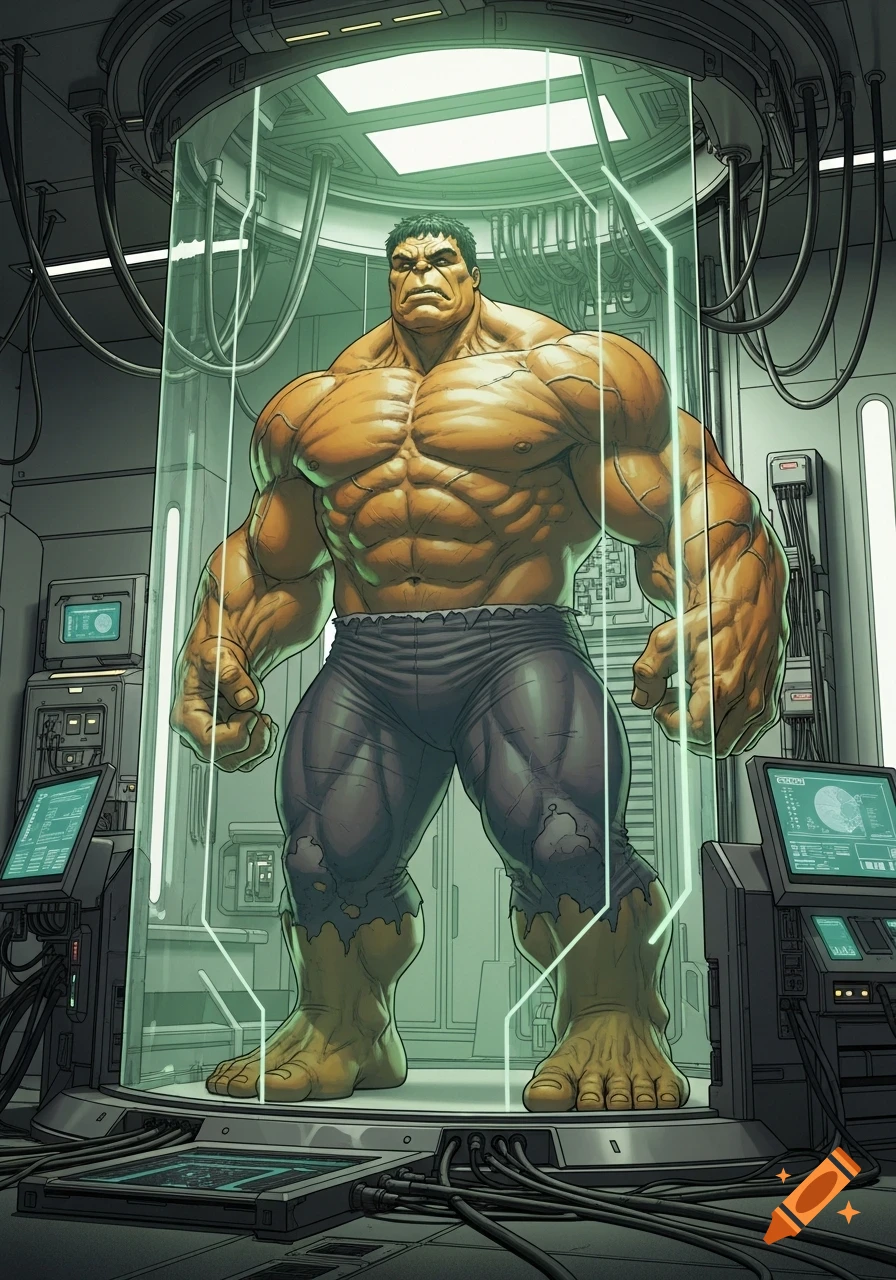 A huge orange Hulk variant stands inside a glass sci-fi chamber within ...