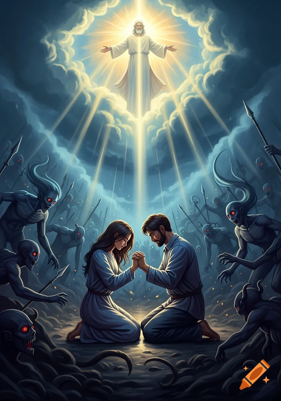 A couple kneels in prayer as a glowing God figure watches from above ...