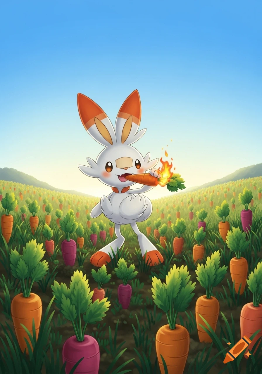 A white cartoon rabbit Pokemon (Scorbunny) with orange ears stands in a ...