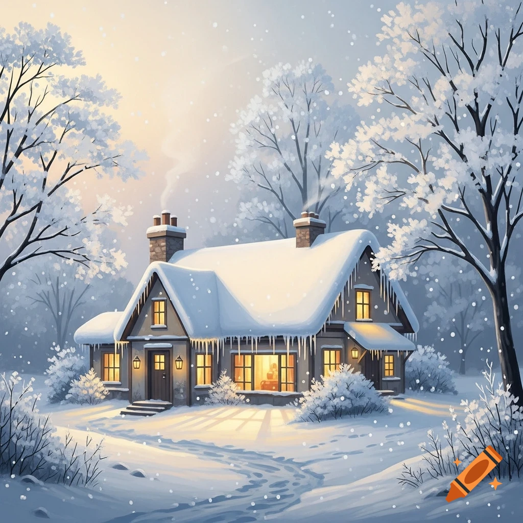 A cozy house covered in fresh snow with warm lights glowing from its ...
