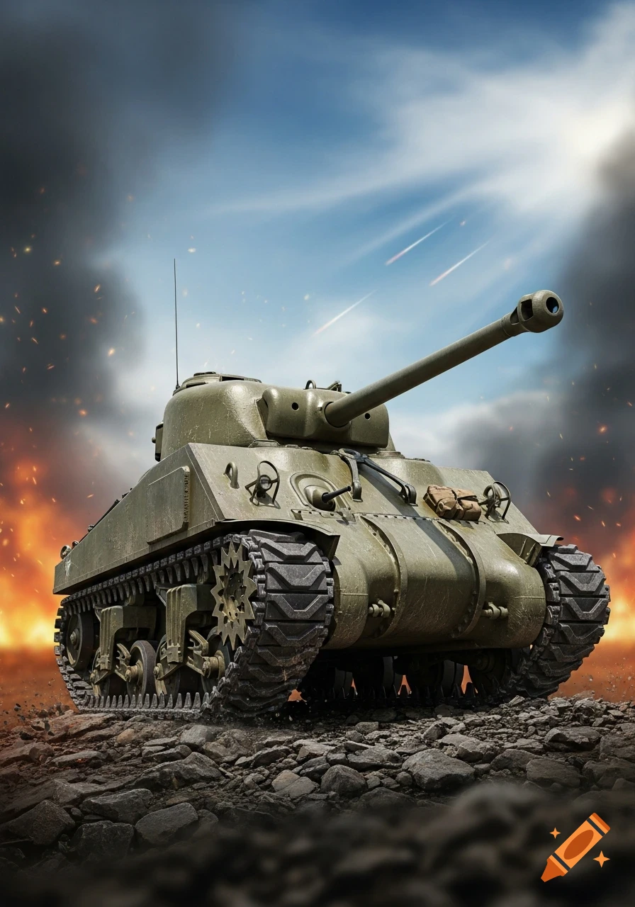 A green Sherman tank on rocky ground amidst explosions and smoke under ...