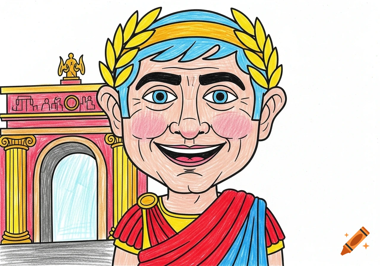 A colorful child's drawing of Roman Emperor Claudius with a large head ...