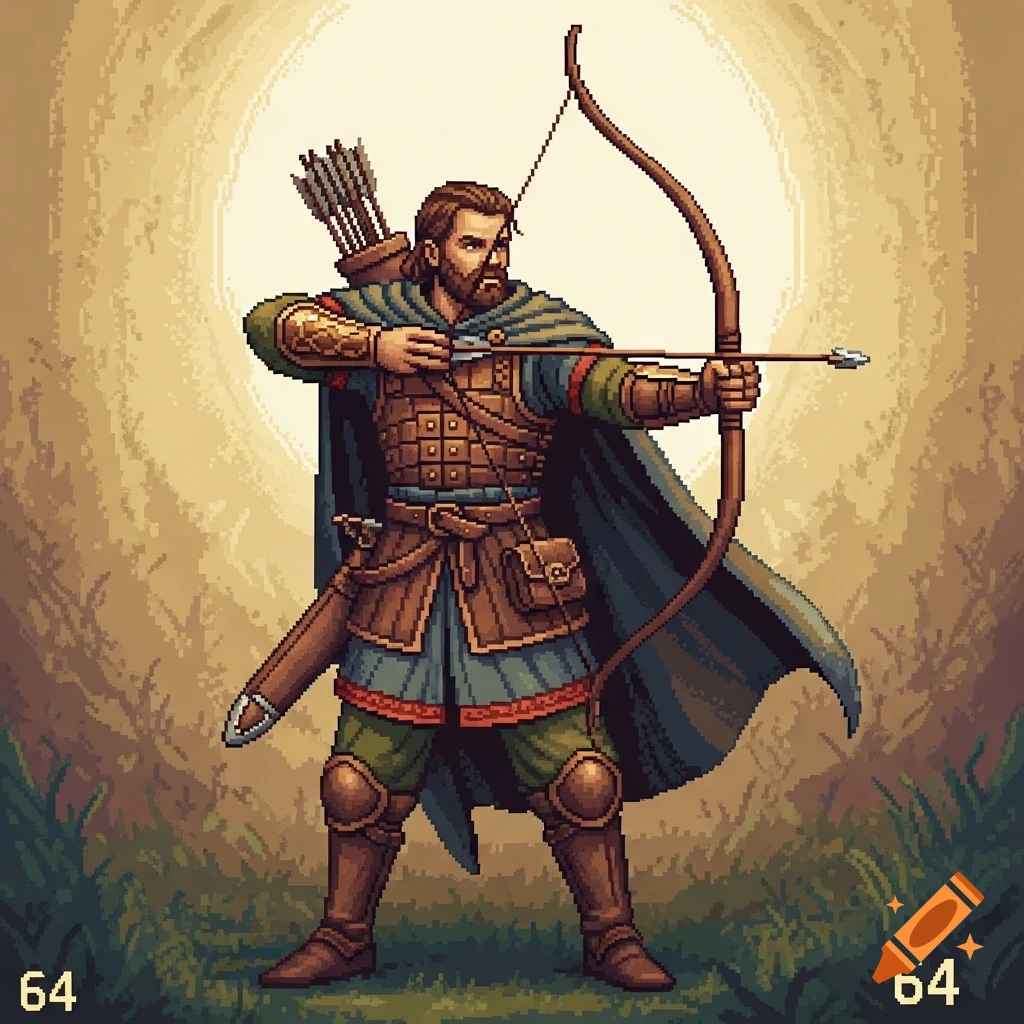 Pixel art depiction of a bearded medieval archer in armor and a cape ...