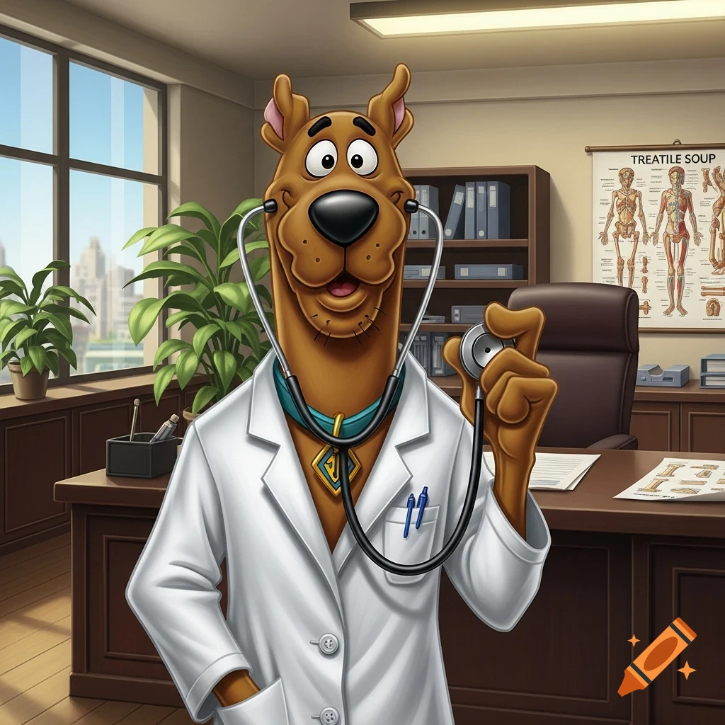 Scooby Doo, dressed as a doctor in a white lab coat with a stethoscope ...