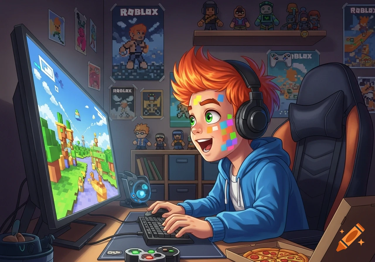 A cartoon boy with orange hair and headphones smiles while playing a ...