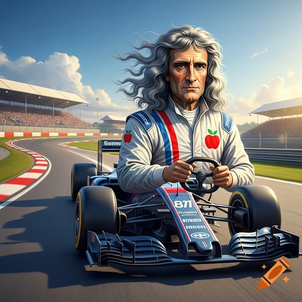 Isaac Newton, with long grey hair flowing, drives a modern F1 race car ...