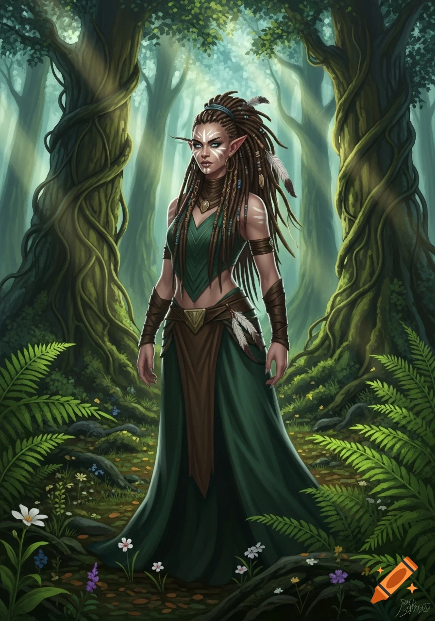 A fantasy illustration of a female elf with dreadlocks and tribal ...