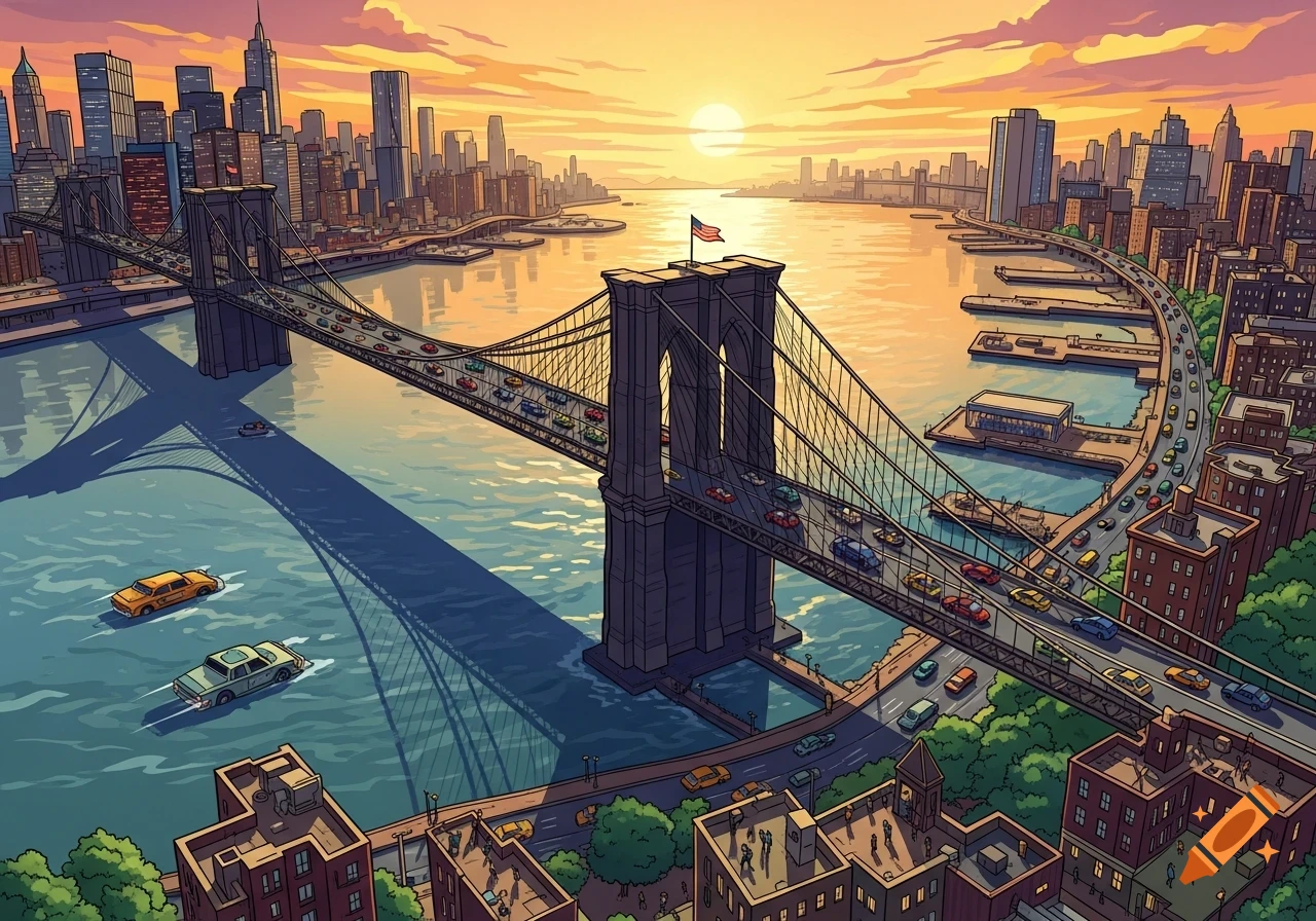 Vibrant cartoon of the Brooklyn Bridge with traffic, a city skyline at ...