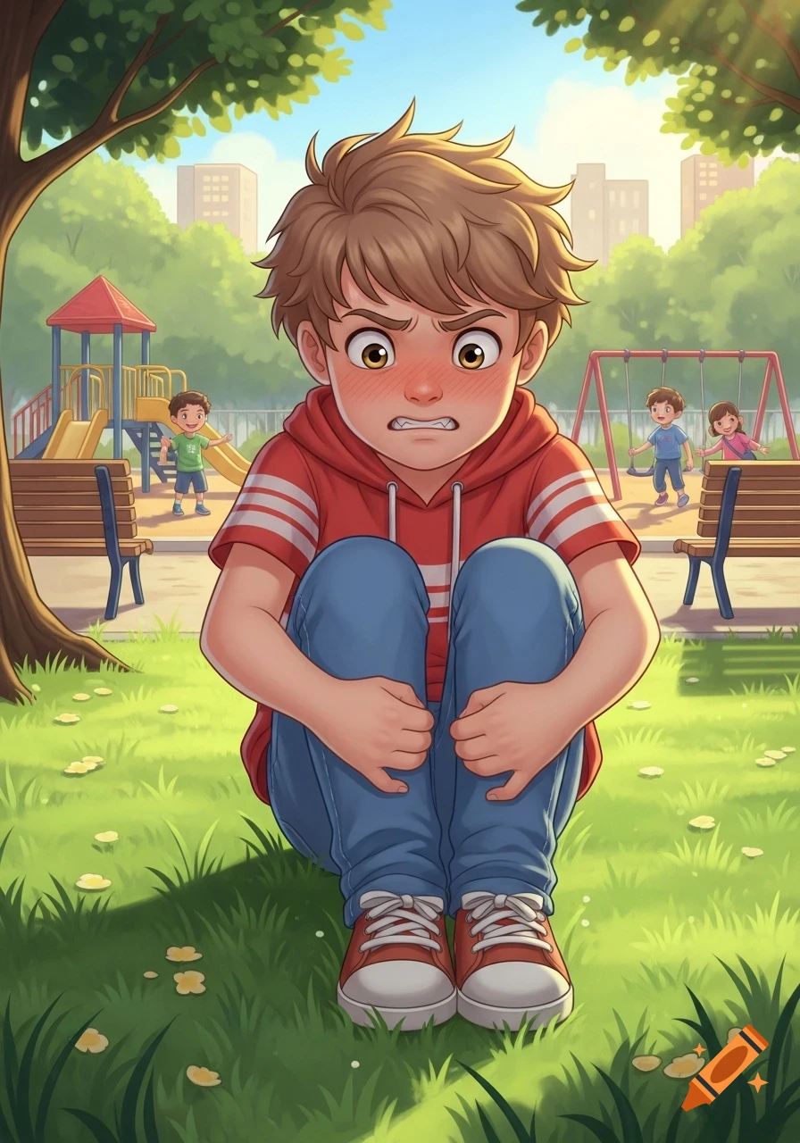 A cartoon illustration of a distressed young boy sitting in the grass ...