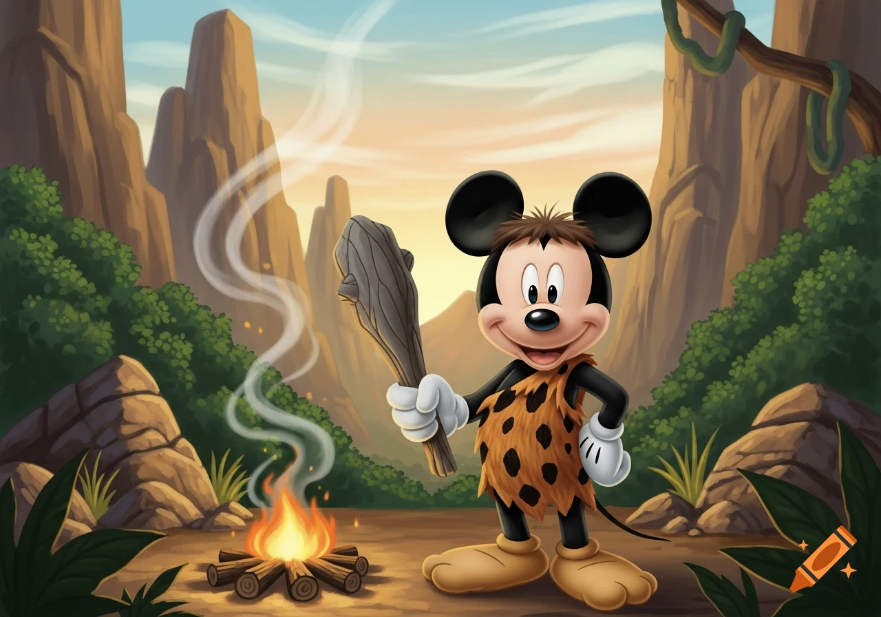 Mickey Mouse as a caveman, holding a club next to a campfire in a ...