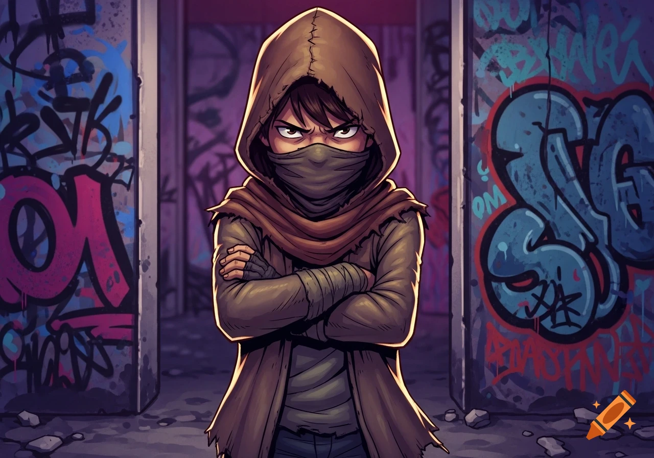 A sulky, masked boy in a brown hooded cloak stands with crossed arms ...